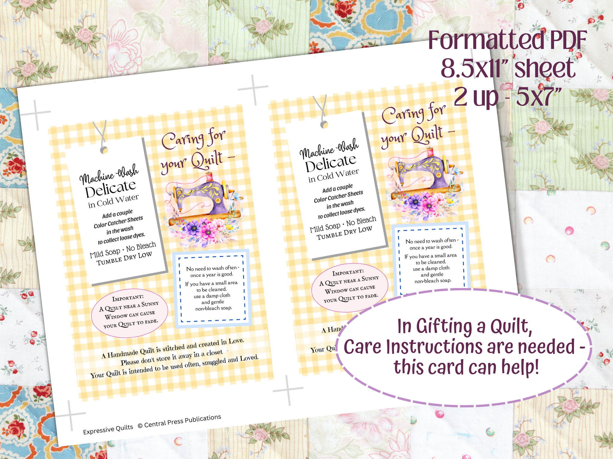 Quilt Care Instructions Cards, Laundry Care instructions - PDF 8.5x11 ...